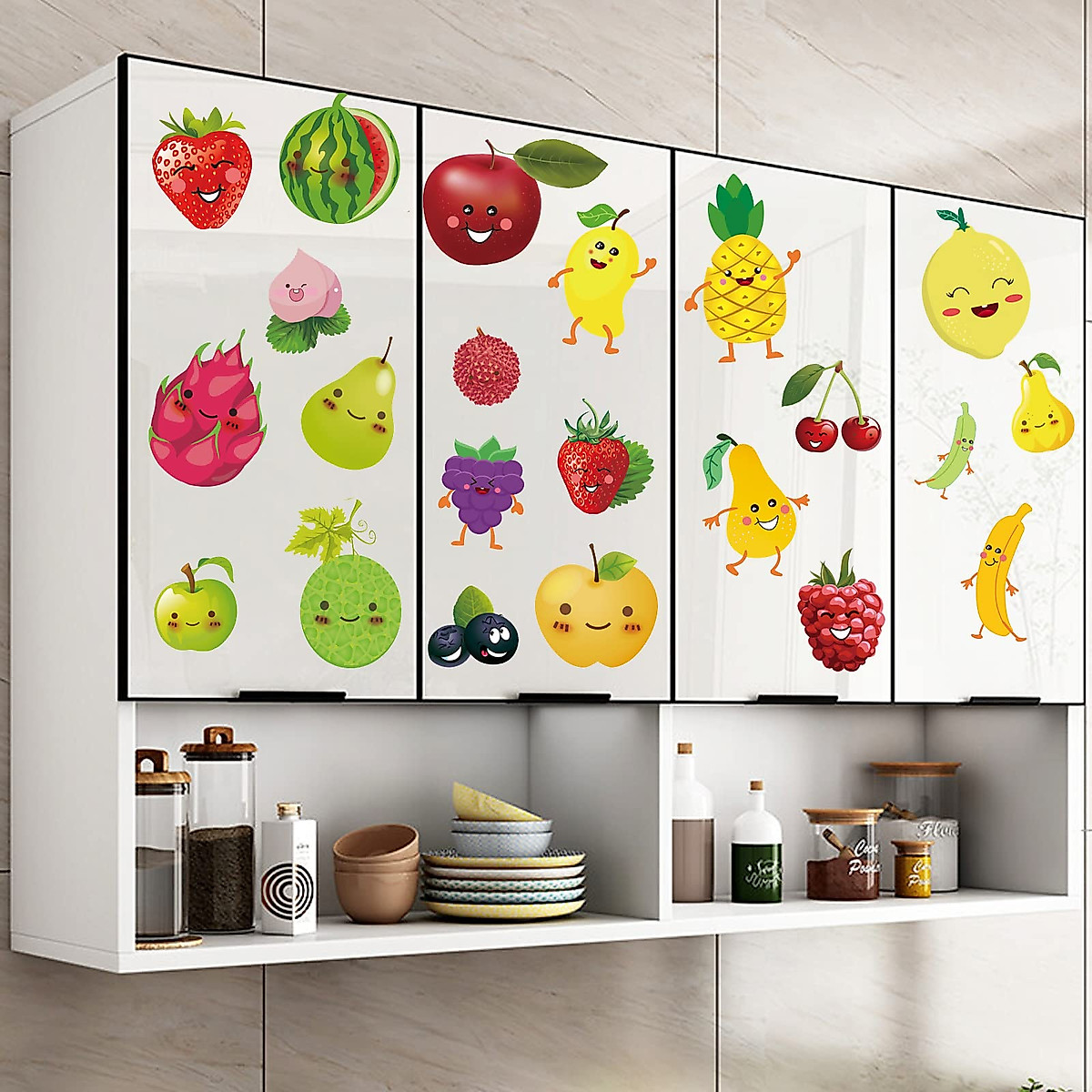 Cartoon Fruit Wall Sticker DIY Kitchen Green Fruit Apple Watermelon Pear Banana Sticker Decorative Peel and Stick Glass Door Refrigerator Door Window Restaurant Wall Sticker