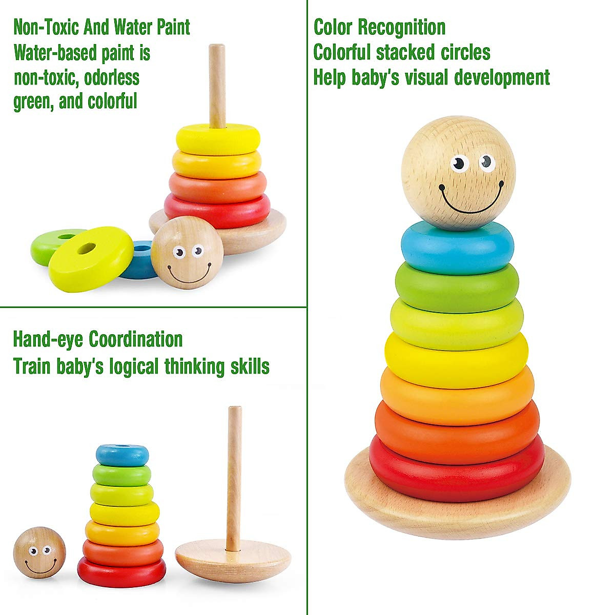 ACOOLTOY Wooden Rainbow Stacking Tower, Stacking Ring Toys for Children Over 18 Months