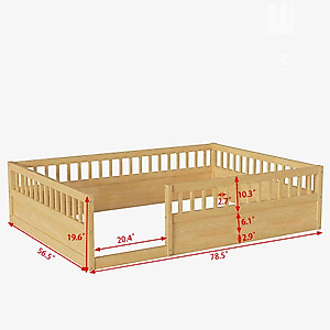 ATY Wooden Full Size Floor Bed with Fence, Wood Slat Support Bedframe for Kids, Toddlers, Easy Assemble & Space Saving Design, Natural