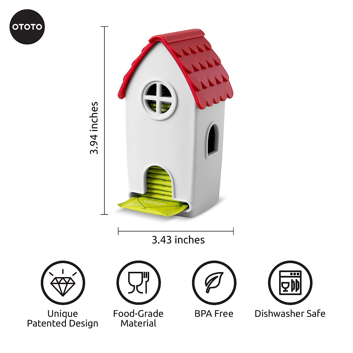 OTOTO Tea House Tea Bag Organizer - 100% Food Safe Plastic Tea Bag Holder - Fun Housewarming Gift - Quirky Tea Organizer Design - Tea Storage Size: 3.94 x 3.39 x 3.43 in - White