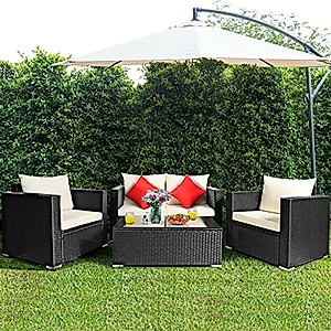 LUKEO 4PCS Patio Rattan Furniture Set Cushioned Sofa Chair Coffee Table Excellent Appearance in Classic and Style