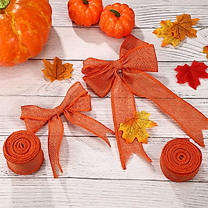 2 Rolls Thanksgiving Burlap Wired Ribbons, 10 Yards 1 Inch 2 Inch Fall Wired Ribbon Rolls for Gift Wrapping Bows Wreaths DIY Crafts Christmas Outdoor Holiday Wedding Decoration (Orange)