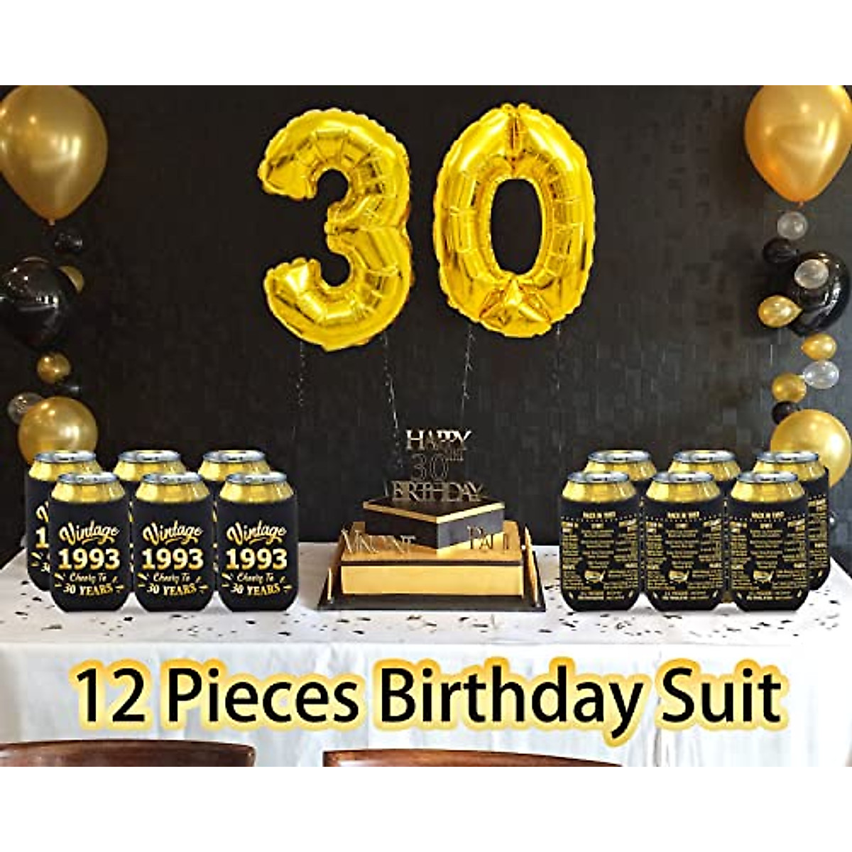 BdayPtion 30th Birthday Decorations for Men Women, 30th Party Decorations, 30 Year Old Bday Party Supplies, Thirty Birthday Present, Black and Gold Pack of 12 Can Cooler Sleeves