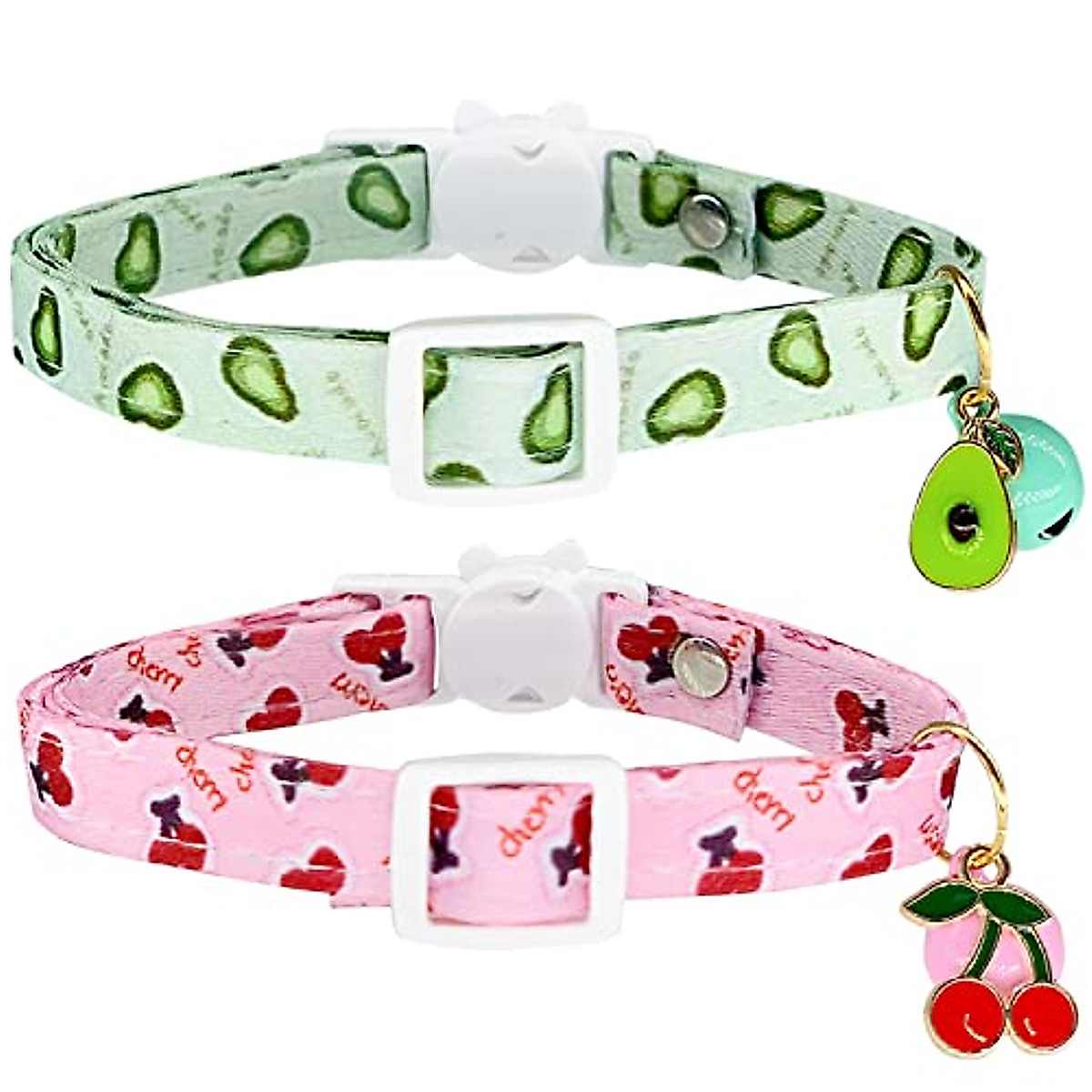 Tyeoo Cat Collars Breakaway with Bell - 2 Pack Cat Safety Collars for Boys & Girls Cats- Safety Buckle Kitten Collar Avocado Cherry Fruit Style Kitty Collars (Green & Cherry)