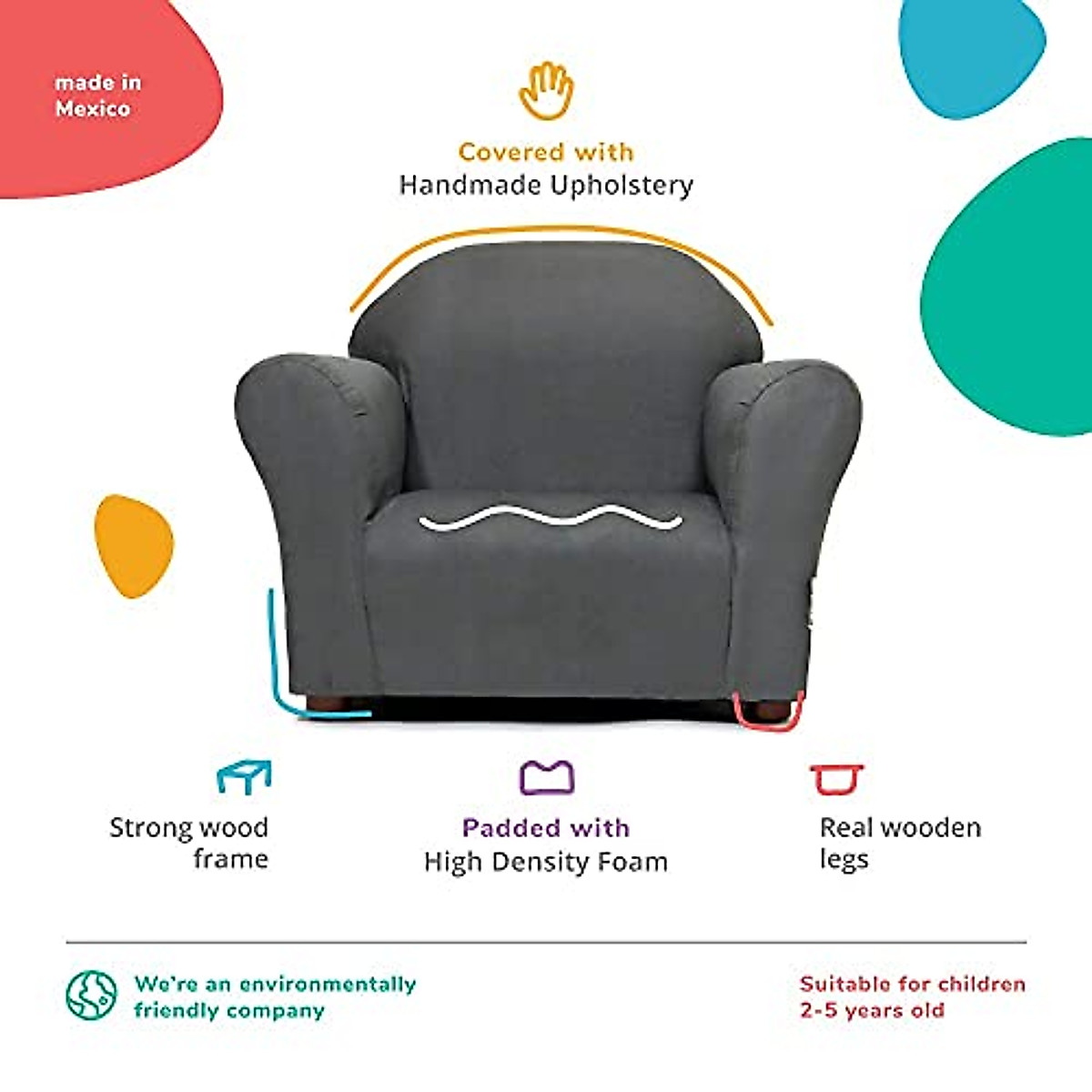 Keet Microsuede Children's Chair, Roundy, Charcoal 24x18x18 Inch (Pack of 1)