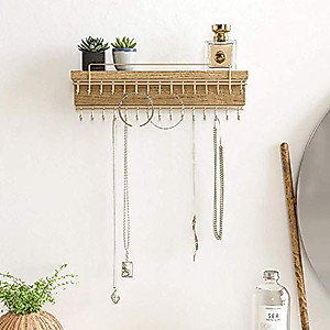 J JACKCUBE DESIGN Rustic Wood Wall Mounted Jewelry Organizer with 30 Gold Metal Hooks Display Shelf Storage for Necklaces, Bracelets, Earrings, Bows and more - MK626A