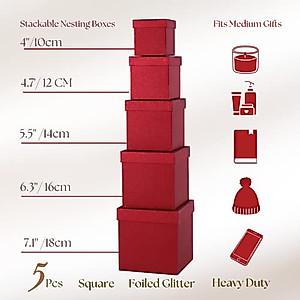 UNIQOOO 5Pcs Red Glitter Christmas Gift Box Set with Lid, Assorted Size, Square Nested Wedding Keepsake Boxes, Holiday Paper Box Tower Organizer For Birthday Party, Mother's Day Gift Wrap Packaging