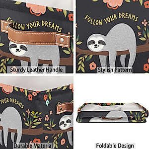 AUUXVA Follow Your Dream Quote Storage Basket for Closet, Cute Sloth Storage Bins with Handles, Foldable Storage Cube Boxes for Toys Shelves Pantry Nursery Organizing