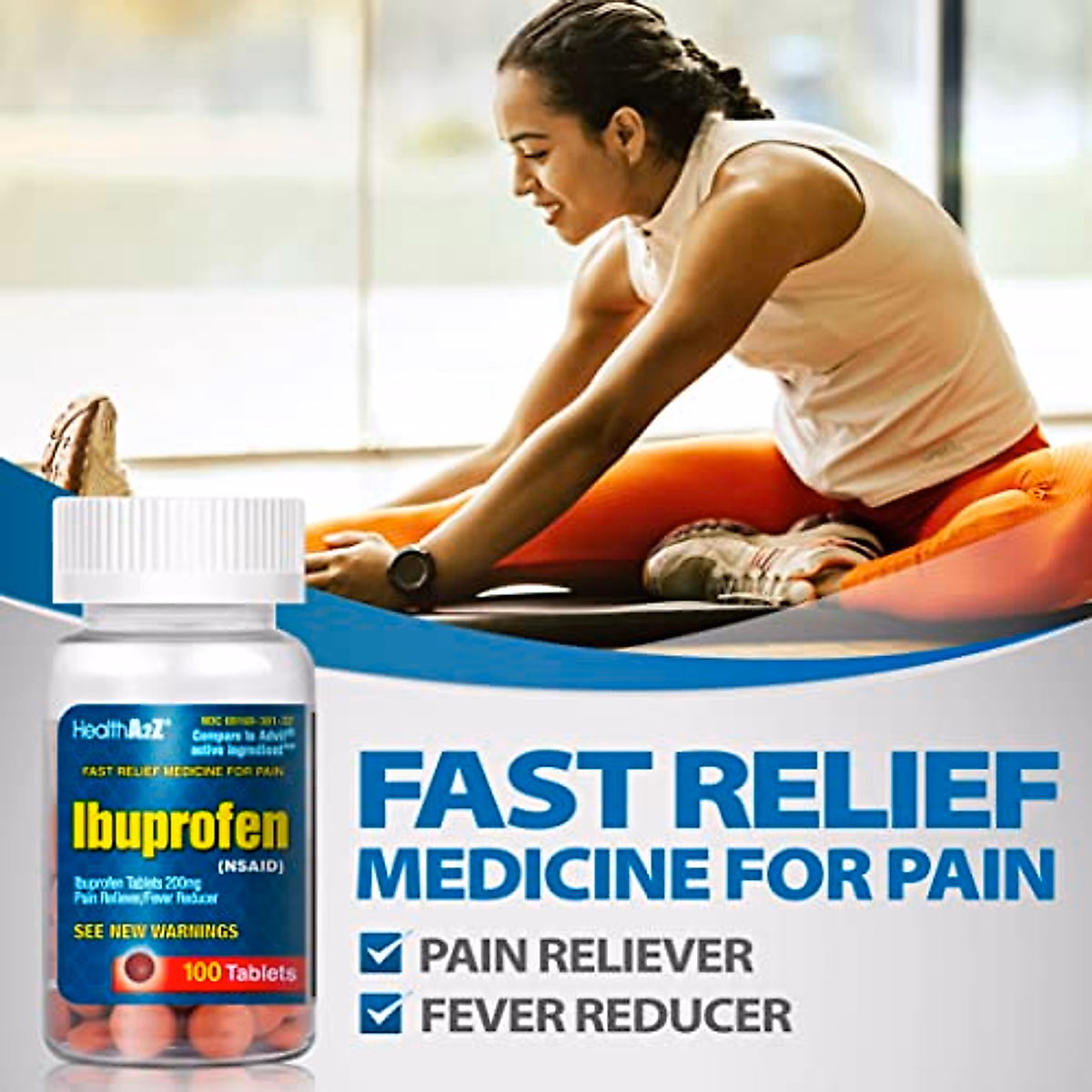 HealthA2Z® Ibuprofen 200mg | 100 Counts | Pain Relief | Body Aches | Headache | Arthritis | Cramps | Back Pain | Fever Reducer |
