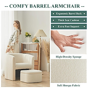 COLAMY Upholstered Sherpa Barrel Chair with Ottoman Set of 2, Modern Single Sofa Accent Lounge Chair Armchair Club Chair with Storage Space-Saving for Living Room Bedroom Office, Cream