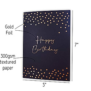 Birthday Card - Single Happy Birthday Greeting Card with Gold Foil Stars and Lettering on Textured Dark Blue Paper with Kraft Envelope - 5" x 7" - Blank Inside