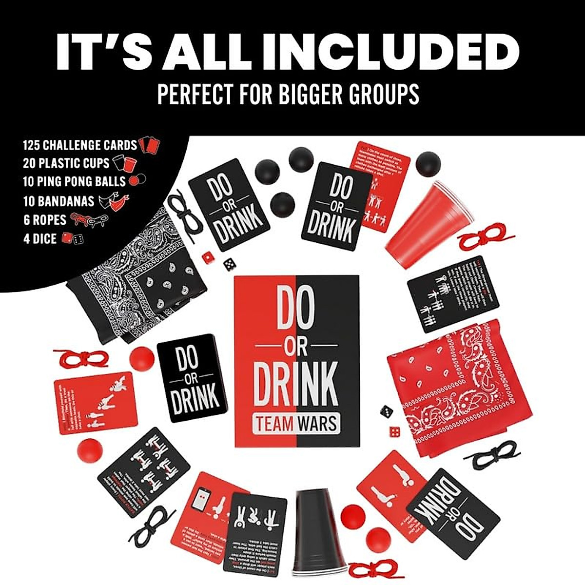 Do or Drink Team Wars - Drinking Games for Game Night, Girls Night, and More - Adult Games with Cups, Ping Pong Balls, Dice, Ropes, and More - Fun Party Games