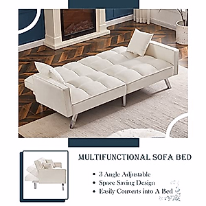 Convertible Velvet Futon Sofa Bed, Modern Sleeper Sofa with 2 Pillows, 3 Adjustable Angles for Backrest, Living Room Couch with 5 Sturdy Metal Legs, Upholstered Loveseat for Home, Office, White