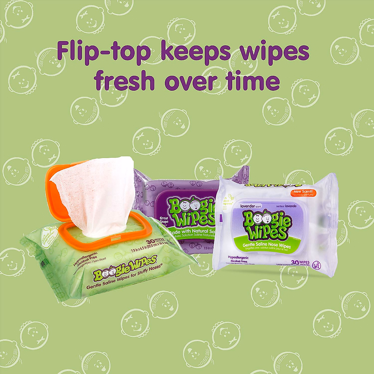 Saline Nose Wipes by Boogie, for Baby & Kids, Face, Hand & Body, FSA/HSA Eligible, Made with Vitamin E, Aloe, and Natural Saline, Lavender Scent, 30 Count (Pack of 3)