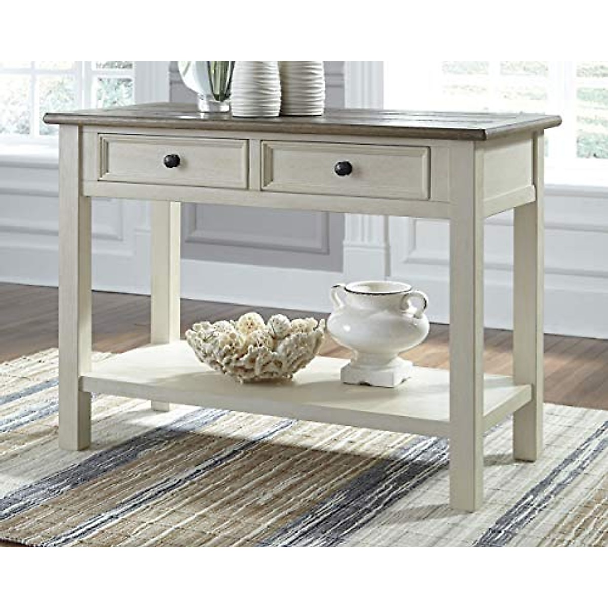 Signature Design by Ashley Bolanburg Farmhouse Rectangular Two Tone Sofa Table, Antique Cream
