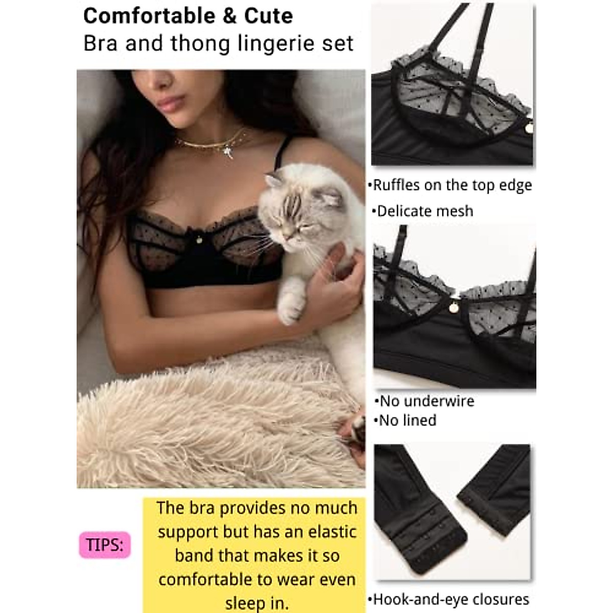 Kaei&Shi Sexy Lingerie for Women,Ruffle 2 Piece Lace Lingerie Set,Underwire Ribbed Bra and Panty Sets Valentine Petite Black Small