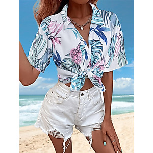 ASTANFY Hawaiian Shirt Women Hawaii T-Shirt Tropical Floral Printed V Neck Shirts Soft Cool Summer Beach Button Up Blouse Green