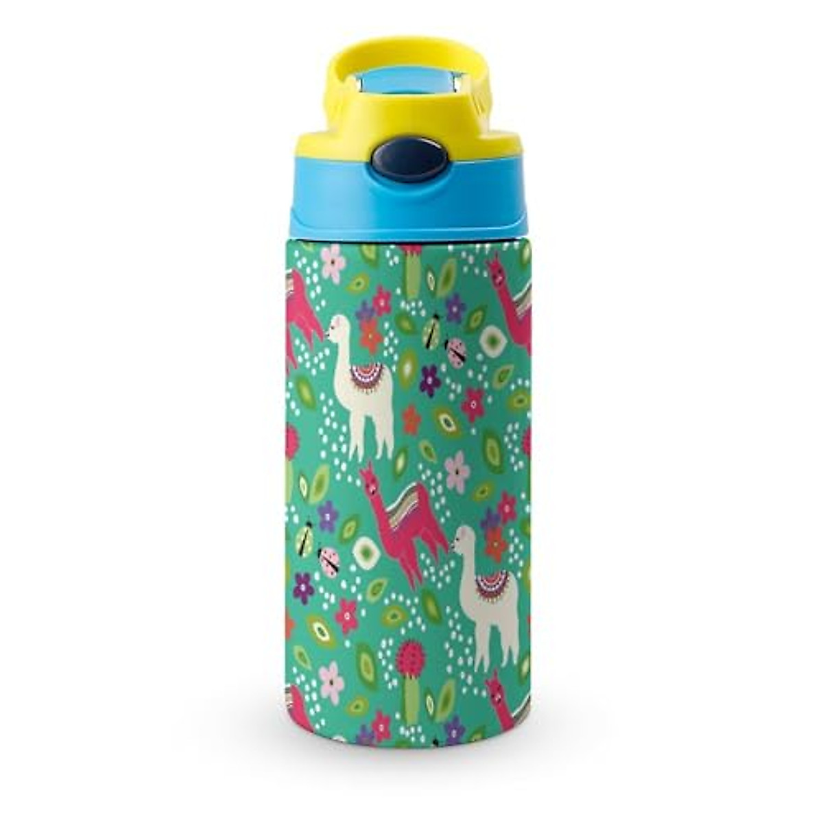 Kids Water Bottle with Straw Lid Cute Llama with Flower Cactus Ladybug Print 12 Oz/350 Ml Stainless Steel Reusable Thermos Bottles