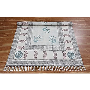 Casavani Hand Block Printed Cotton Dhurrie Bordered Blue & Brown Area Rug Doormat Floor Rug Indoor Area Rugs for Bedroom Living Room Laundry Room 6x8 Feet