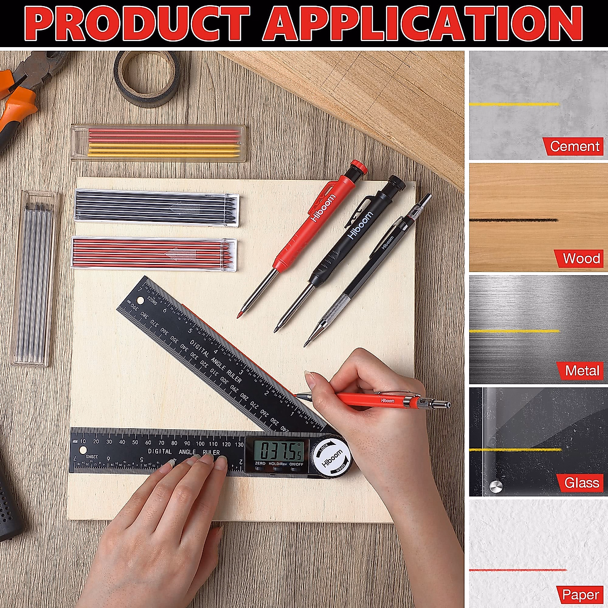 Hiboom 9 Packs Carpenter Pencil Set, 4 Solid Carpenter Pencils with Sharpener and 36 Refills, 2 in 1 Digital Angle Finder Protractors Marking Tools for Construction Woodworking(Set 3)
