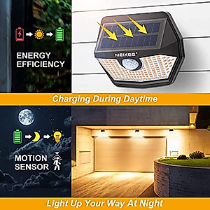MEIKEE Solar Lights Outdoor Motion Sensor, 150 LEDs 2700K Warm White Solar Motion Light Outdoor 270° Wide Angle, IP65 Waterproof Solar Security Lights for Garden Patio Yard Deck Garage Fence -4 Pack