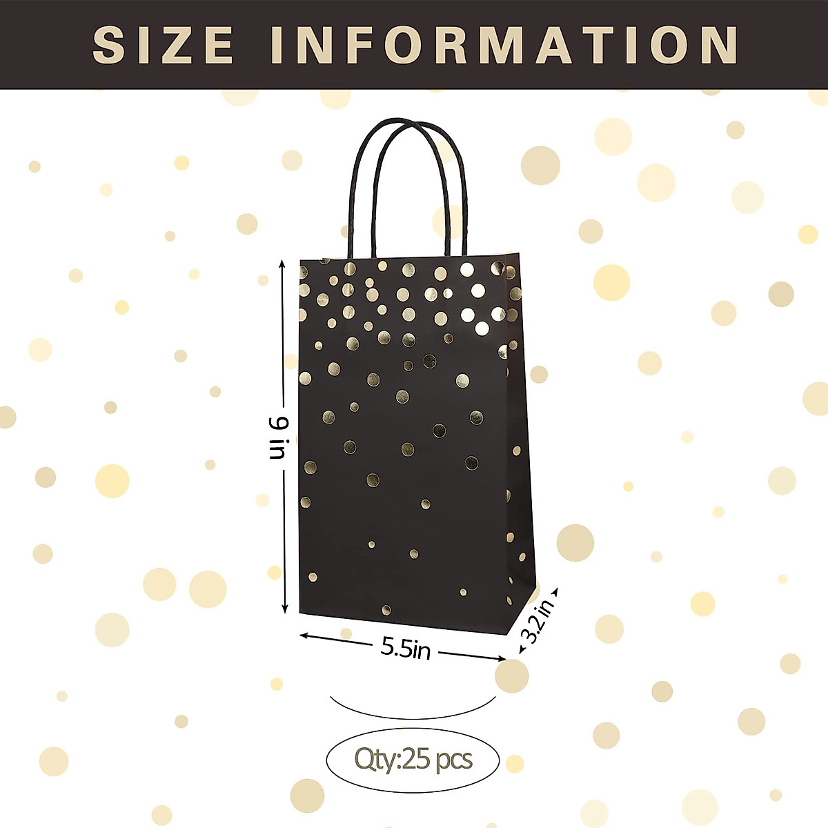 ECOHOLA Black and Gold Foil Paper Gift Bags with Black Handles, 25 Pieces Metallic Gold Foil Polka Dot for Presents, Retails, Christmas or New Year Party Favors, 9"x5.5"x3.2