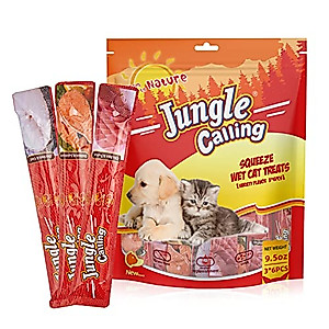 Jungle Calling Lickable Wet Cat Treats, Grain-Free, Squeezable Creamy Cat Treats for Adult & Senior Cats, 0.5 Ounces in Each 18 Tubes, 3 Flavor Variety