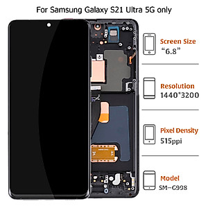 Original for Samsung Galaxy S21 Ultra 5G G998 Screen Replacement SM-G998U SM-G998B LCD Display Touch Screen Digitizer Full Assembly Repair Kits,with Tools(Black with Frame)