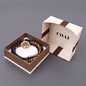 COAI Tree of Life Pendant Tiger Eye Obsidian Stone 108 Beads Mala Necklace