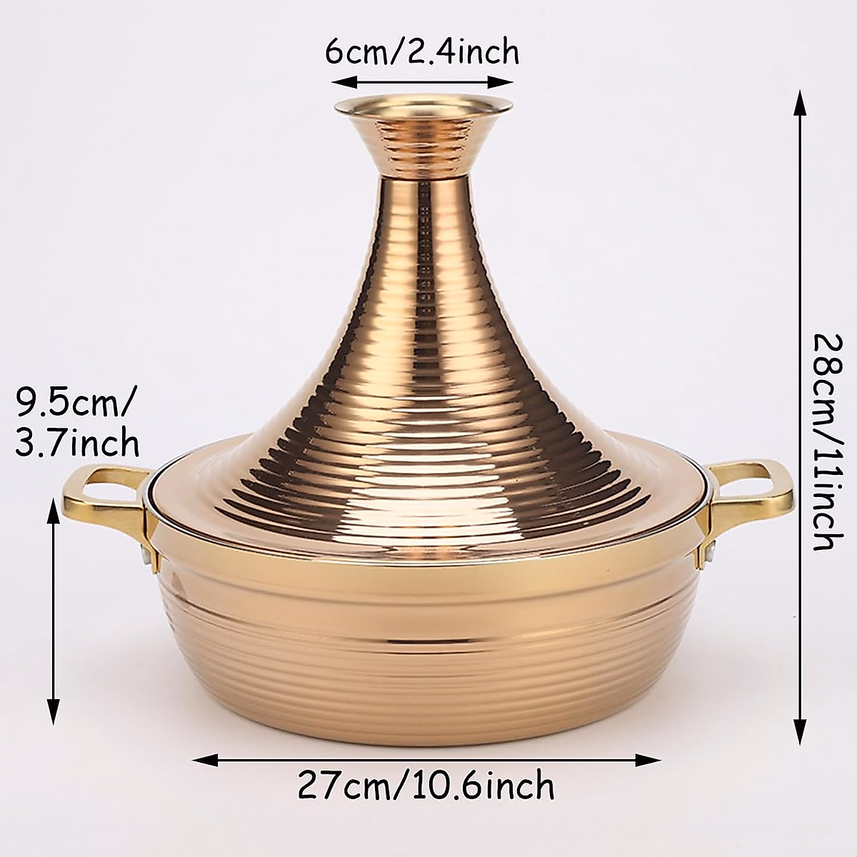 Hgjgwqh Moroccan Tagine Cooking Pot, 304 Stainless Steel Non Stick Tagine Pot with Cone-Shaped Closed Lid Large Moroccan Cooker Handmade Stovetop Pot,Gold,27cm