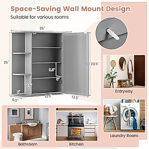 LOKO Bathroom Medicine Cabinet with Mirror, Wall Mounted Storage Cabinet with Mirrored Door, Open Shelves & Adjustable Shelves, Bathroom Wall Mirror Cabinet, 26 x 6.5 x 25 Inches (Grey)