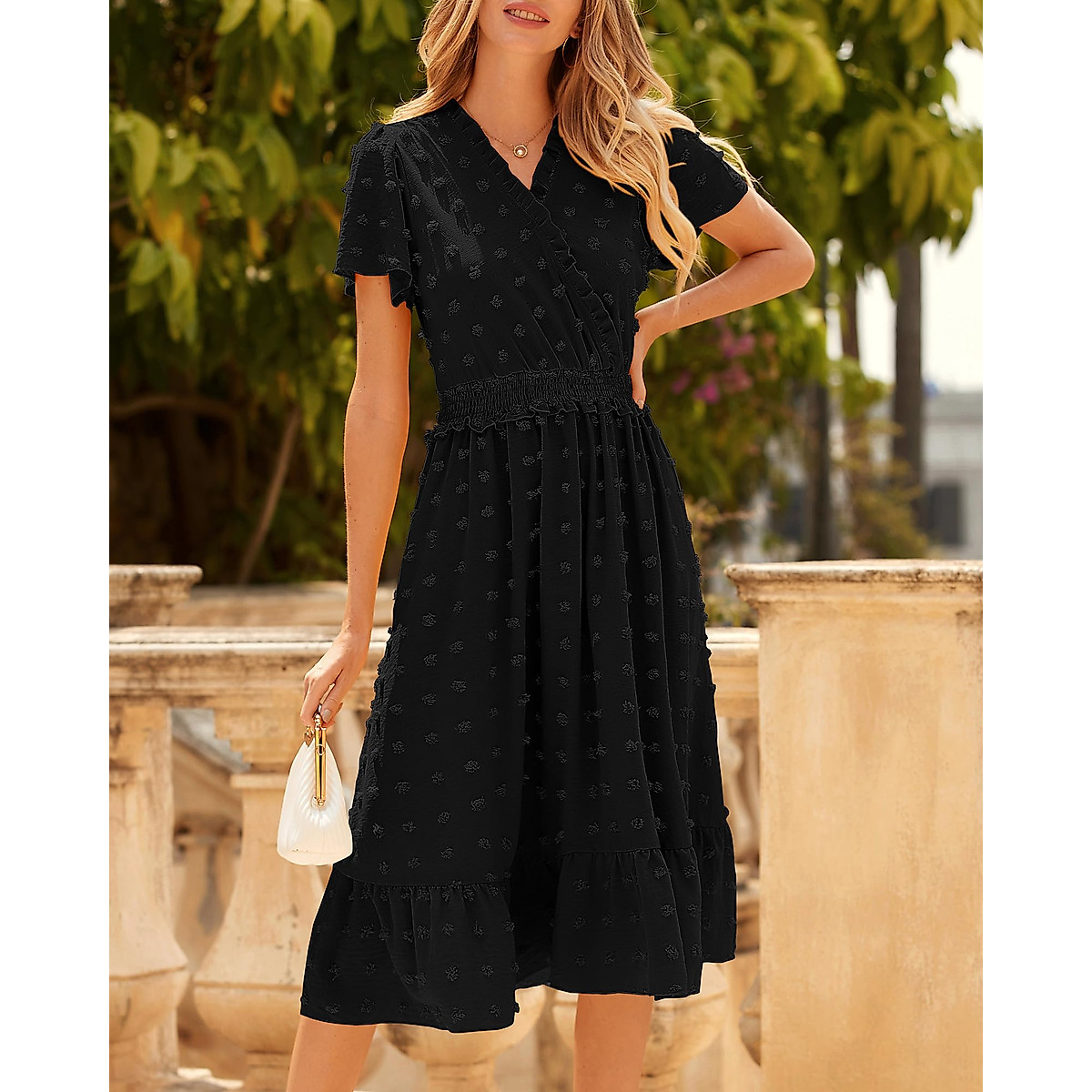 BTFBM Women's Summer Elegant Short Sleeve V Neck Swiss Dot Midi Dresses Cute Boho High Waist Long Dresses A-Line Ruffle Dress（Solid Black,X-Large