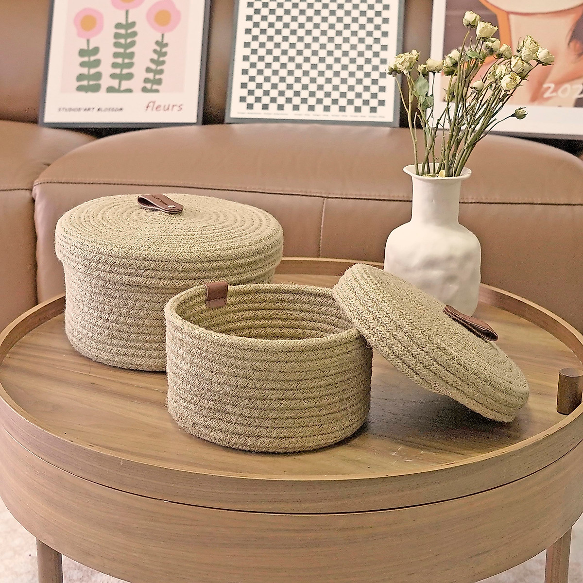 Aplolemo Jute Rope Basket with Lid,Decorative Woven Baskets with Lids,Leather Design Lidded Round Basket,Small Basket with lid,Storage Baskets with Lids-Set of 2（10"x6"/8.5"x5"）