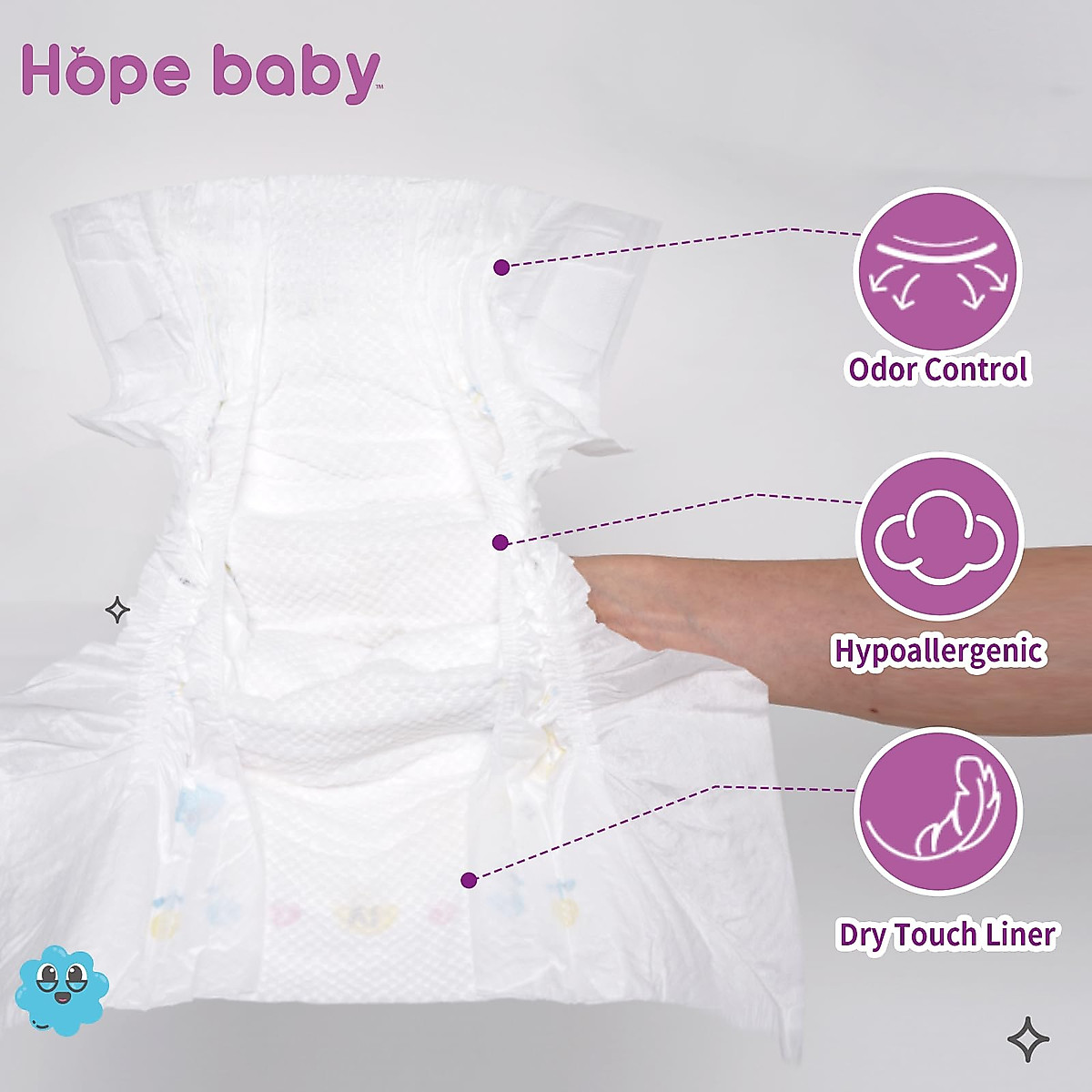 HOPE BABY Diapers Size 1(8-14 LBS) Disposable Baby Diapers Newborn Dry, 74 Count Softness & Comfort Fit, Leak-Proof Overnight Protection, Hypoallergenic with Skin