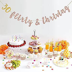 INNORU 30 Flirty & Thriving Banner, Happy 30th Birthday Party Decorations, 30th Anniversary Banner, Cheers to 30 Years Party Decoration Rose Gold Glitter