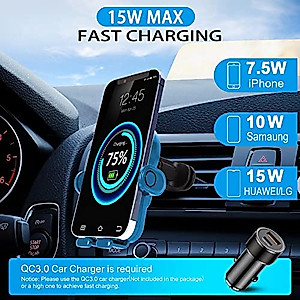 [Upgrade] Wireless Car Charger Mount,15W Qi Fast Charger, Wireless Car Charger Air Vent, Automatic Clamping Phone Holder for iPhone 13/12/11//XS/XR/8, Samsung S22/S21/S20/Note 20, etc (Blue)
