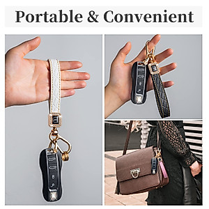 CACARLIKE Universal Leather Car Keychain for Women Men, Extended Car Lanyard Key Fob Holder with 3 Keyrings, Anti-lost D-ring and Carabiner Clip Car Accessories, Pink