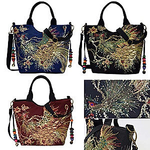 Shoulder Handbags for Women, Ethnic Travel Bags Tote with Bling Sequins Phoenix Embroidered New Portable Package (Blue)