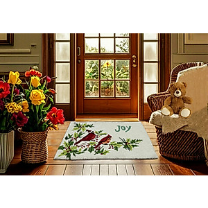 EZ.enjoy Winter Cardinal on Branch Holly Berries Joy Hand-Hooked Accent Rug 28.5 X 17 Inches for Holiday Christmas Home Decor