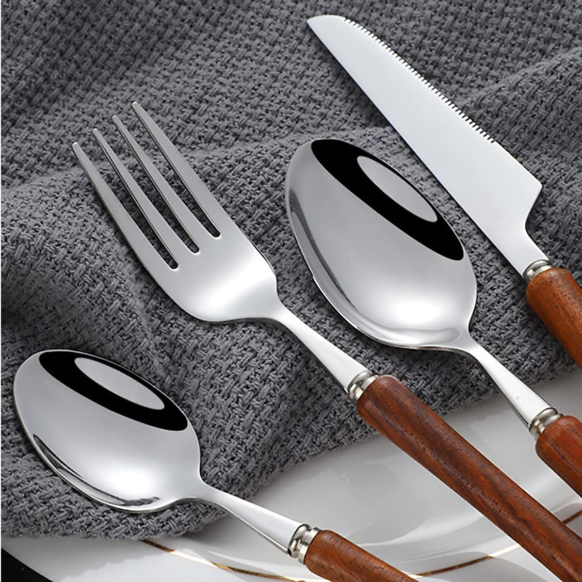 Aimilan 24 Piece wood Silverware Set for 4, 18/10 Stainless Steel Wooden Handle Flatware Cutlery Set for Home Kitchen Restaurant, Mirror Finish, Dishwasher Safe (24-Piece for 4)