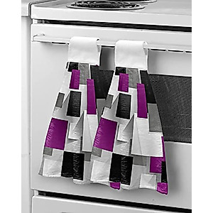 2 PCS Kitchen Hand Towels, Purple Geometry Soft Plush Hanging Tie Towels with Loop for Kitchen Bathroom Dish Cloth Tea Bar Towel Modern Abstract Art Ombre Black Grey