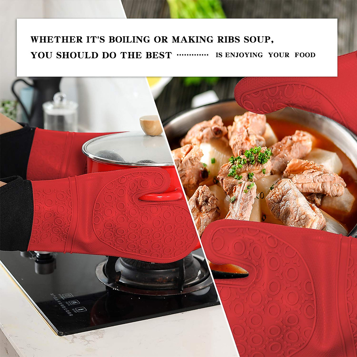 MaiSung Oven Mitt Food Safe Oven Mitt Silicone High Temperature Resistance Suitable for a Variety of High Temperature Kitchen Appliances Take Things Flexibly/Non-Slip Equipped with an Oil Brush-Red