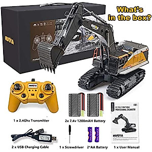 BNAM Remote Control Excavator Toy 1/14 Scale RC Excavator, 22 Channel Upgrade Full Functional Construction Vehicles Rechargeable RC Truck with Metal Shovel and Lights Sounds Best for Kids 3-15
