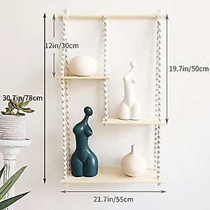 Macrame Wall Hanging Shelf with Three Wooden Shelves Boho Hanging Plant Shelf Boho Wall Decor Hand Woven Natural Rope Floating Shelf for Window Bedroom Bathroom Decorations (Style B)