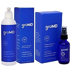 GroMD Follicle Activator Spray & Hair Growth Stimulating Shampoo and Conditioner Bundle - Biotin, Argan Oil, Copper Peptides, DHT Blocker for Regrowth, Doctor Formulated for Minimizing Thinning