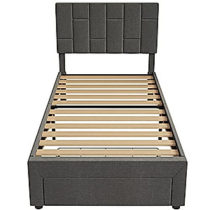 LIKIMIO Twin Bed Frame with XL Under-Bed Drawer, Platform Upholstered with Headboard, No Box Spring Needed/Noise-Free, Grey