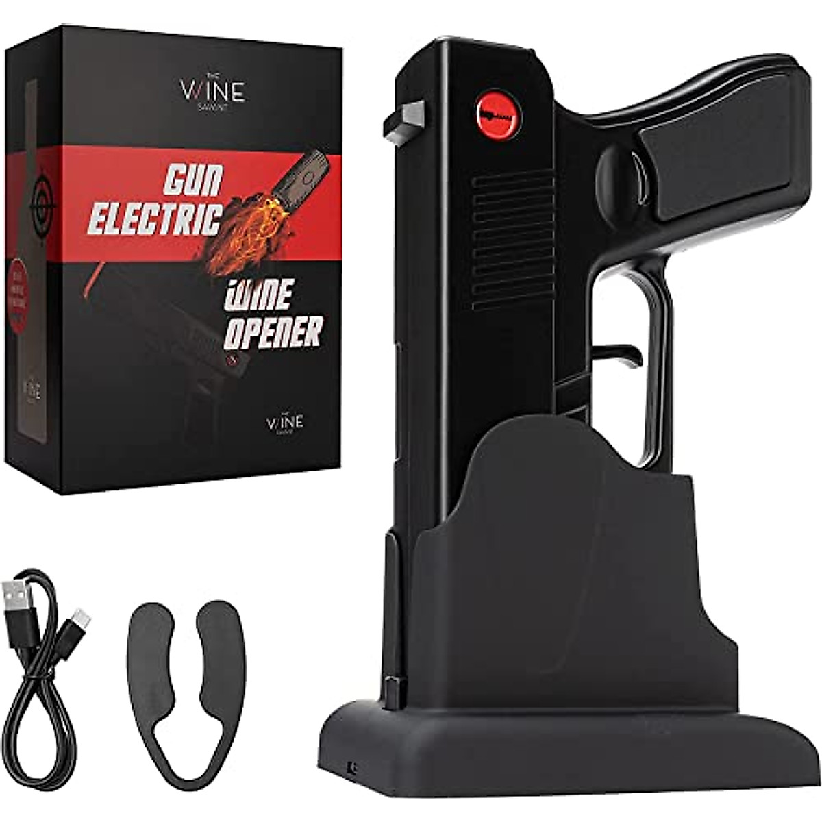 Electric Gun Wine Corkscrew Bottle Opener - Rechargeable Holster Base Cordless Battery - Automatically Open Wines Multifunctional Electronic Cork Puller - Guns Enthusiasts Gift & Vino Lovers (Black)