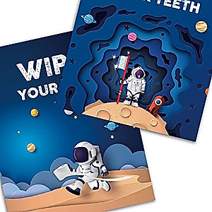 FALJIOK Funny Bathroom Outer Space Planet Wall Art Prints Decor, Bathroom Sign Brush Wash Brush, Bathroom Gift for Kids Son Brother Grandson Set of 4 (8”X10”) Unframed