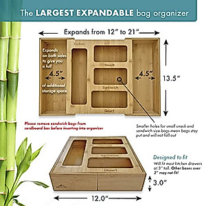 Ziplock Bag Organizer for Drawer, 6-in-1 Expandable Plastic Bag Organizer, Ziploc Bag Organizer, Baggie Organizer, Sandwich Bag Organizer, Foil & Plastic Wrap Organizer, Bamboo Food Storage Bag