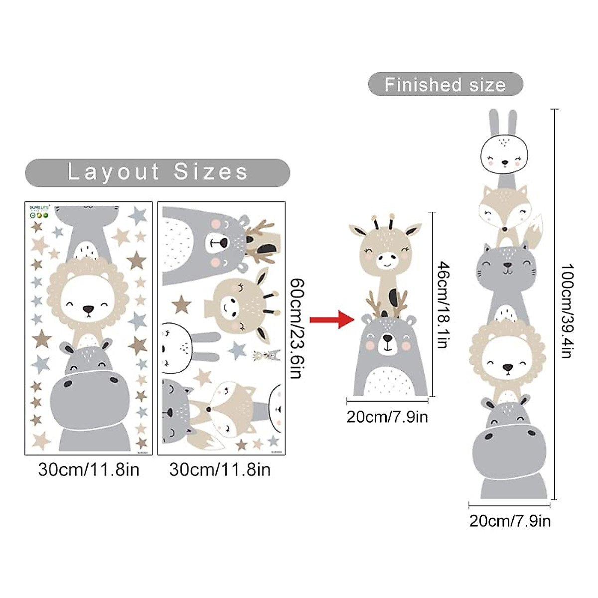 Cartoon Animals Height Growth Chart Wall Sticker Boho Style Peel and Stick Removable Wall Decals Children Kindergarten Nursery Bedroom Door Decoration (Beige & Grey)